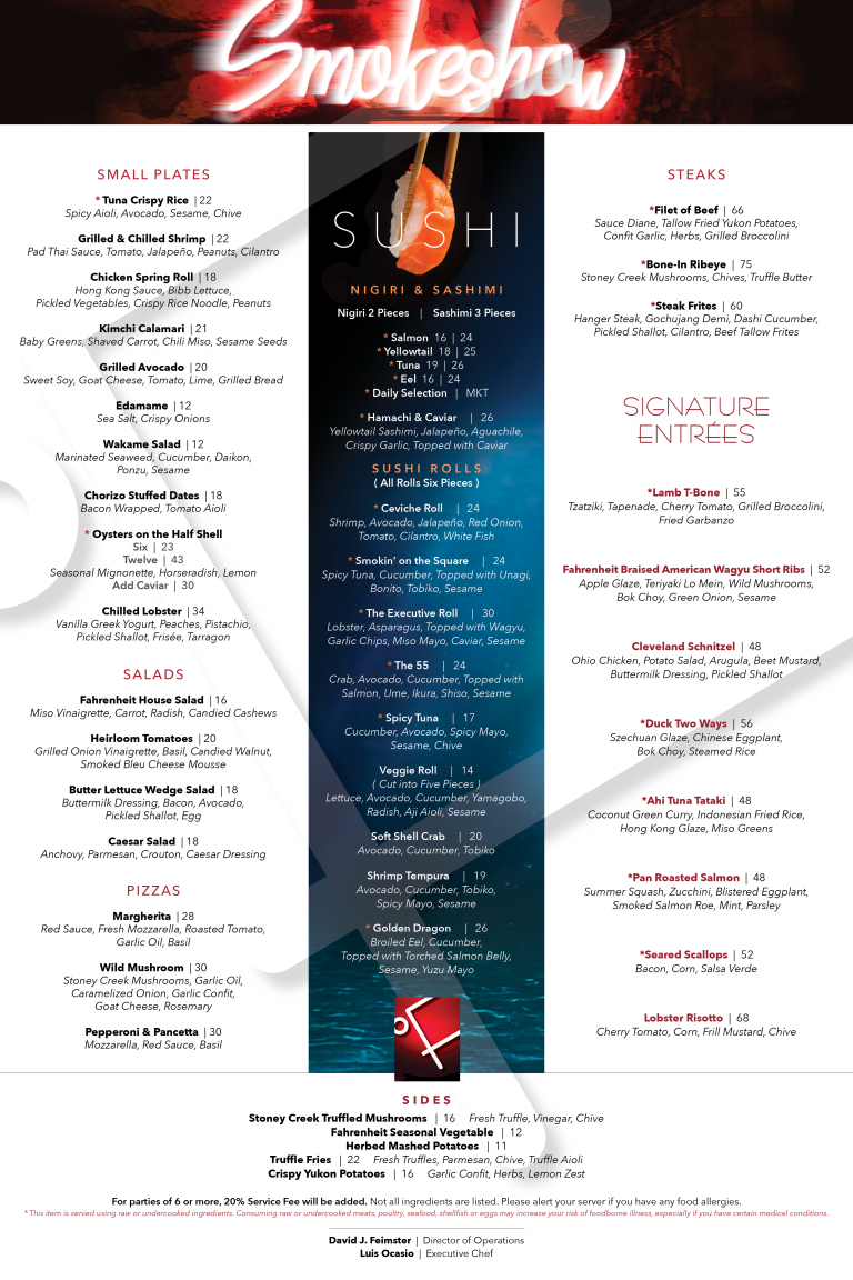 Fahrenheit Cleveland Menus