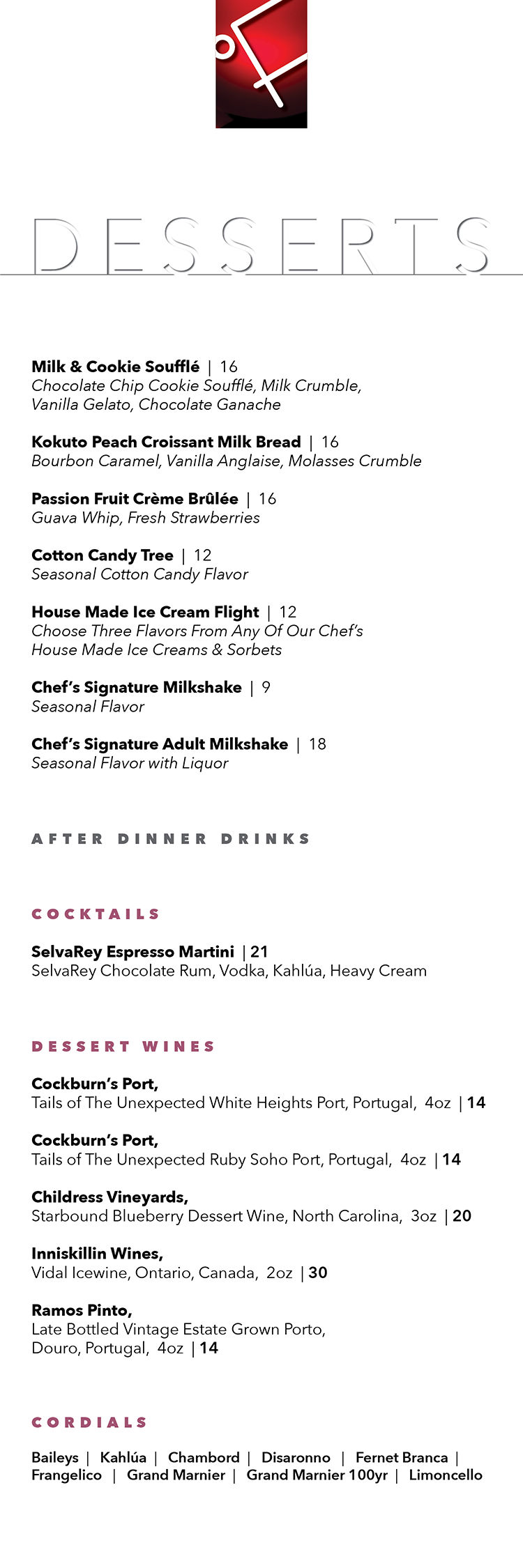 Fahrenheit Charlotte Menus
