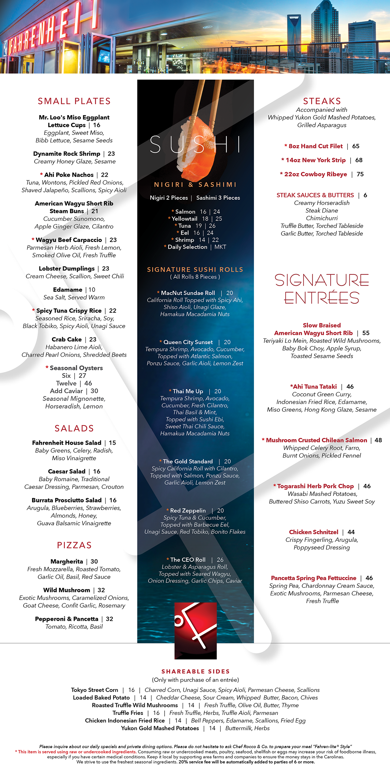 Fahrenheit Charlotte Menus